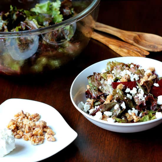 Roasted Beet Salad with Candied Walnuts and Goat Cheese