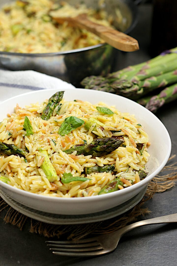 Parmesan Basil Orzo with Roasted Asparagus - Domestic Dreamboat